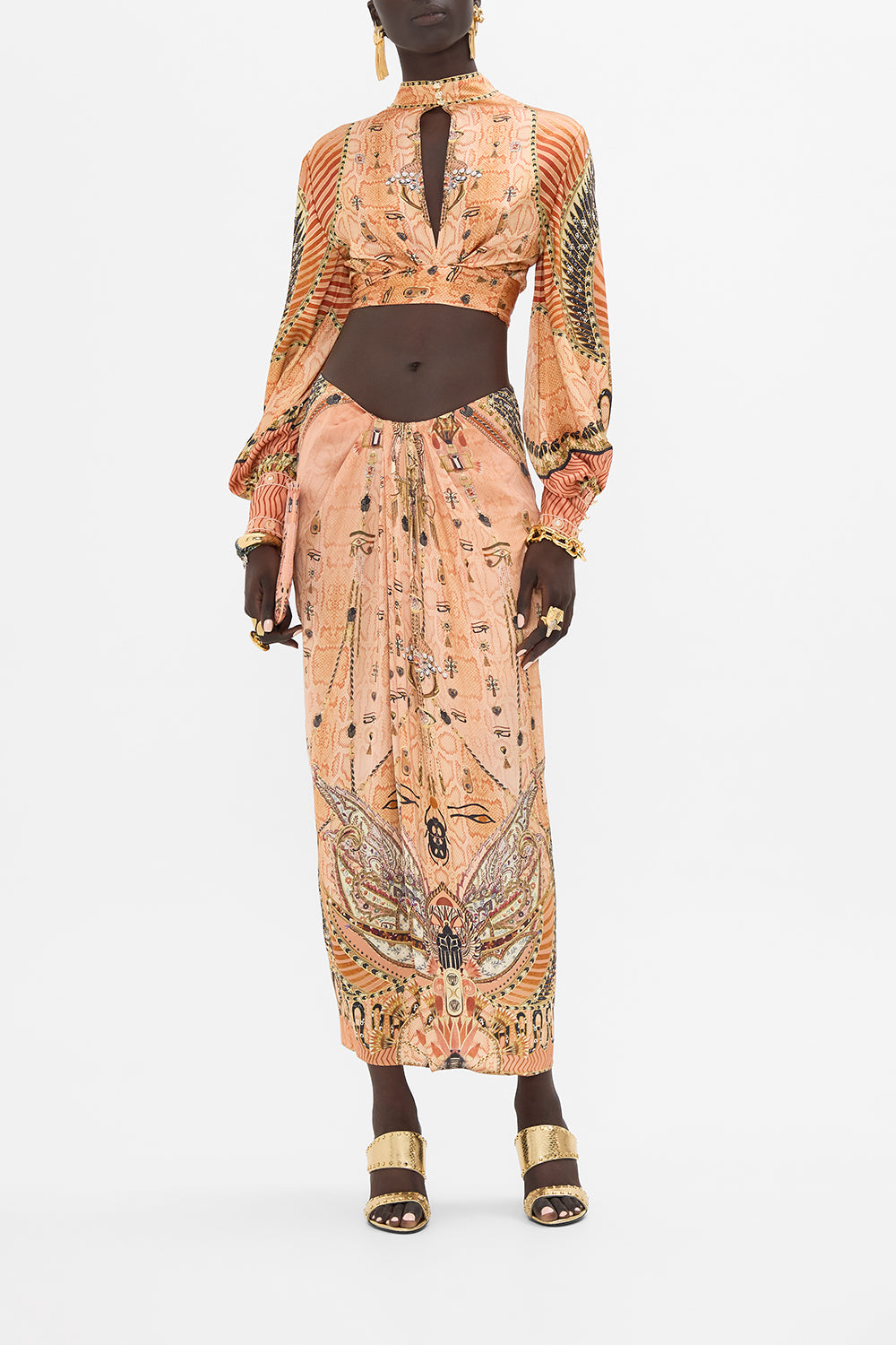 The Kingdom Of Hieroglyphs Drape Front Skirt With Split| CAMILLA AU – CAMILLA