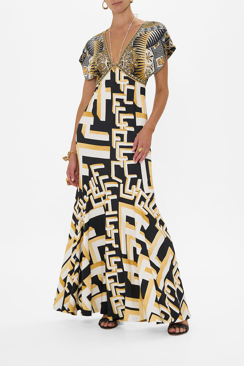 The Temples Of Dendara V Neck Hardware Dress With Neck Tie | CAMILLA AU ...