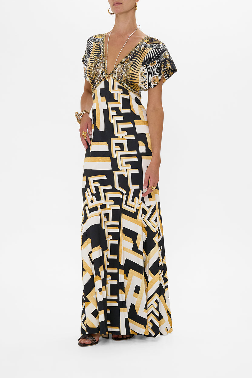 The Temples Of Dendara V Neck Hardware Dress With Neck Tie | CAMILLA AU ...