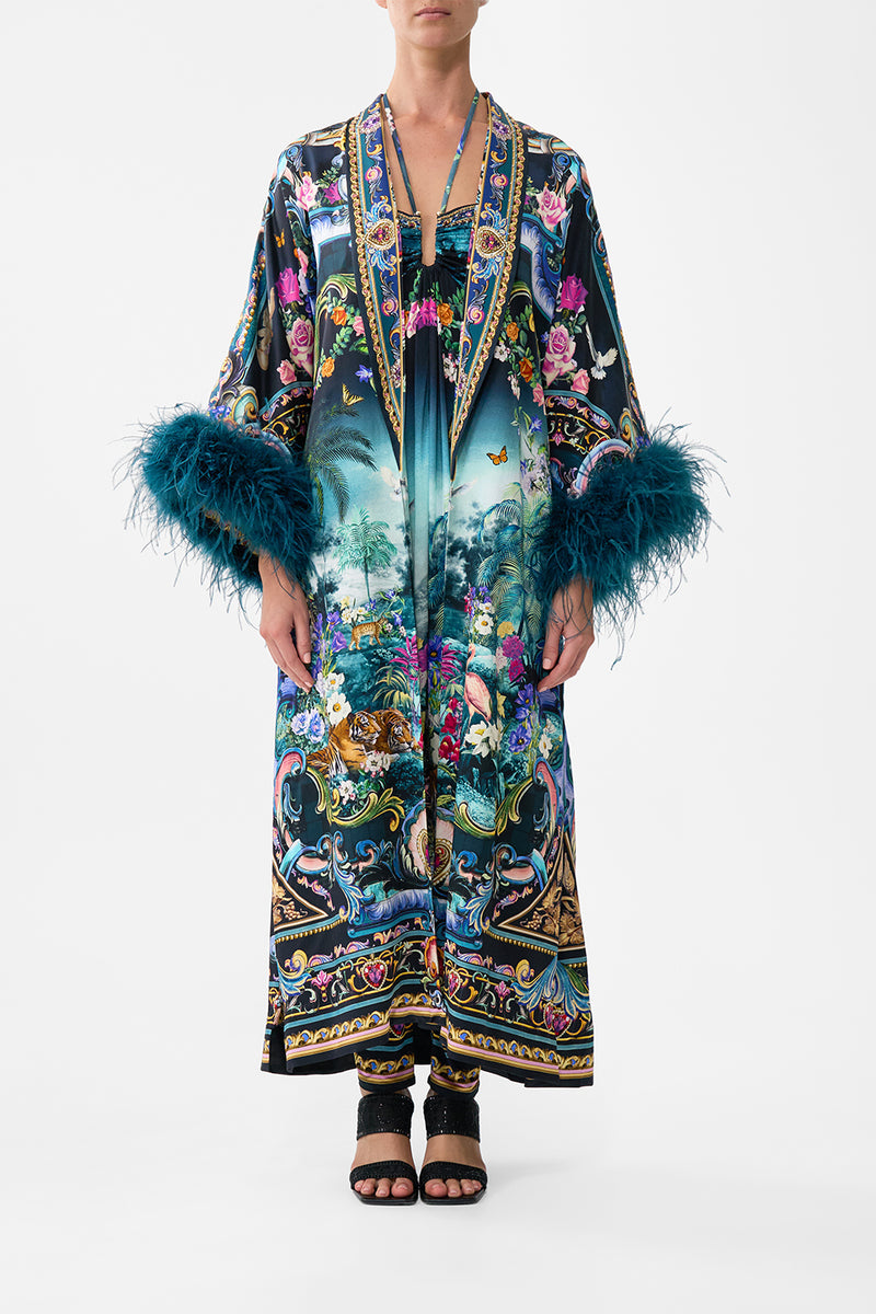 The Basked In Baroque Long Robe With Narrow Collar And Feathers ...