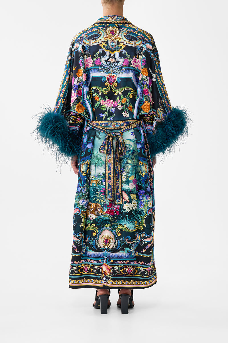 The Basked In Baroque Long Robe With Narrow Collar And Feathers ...