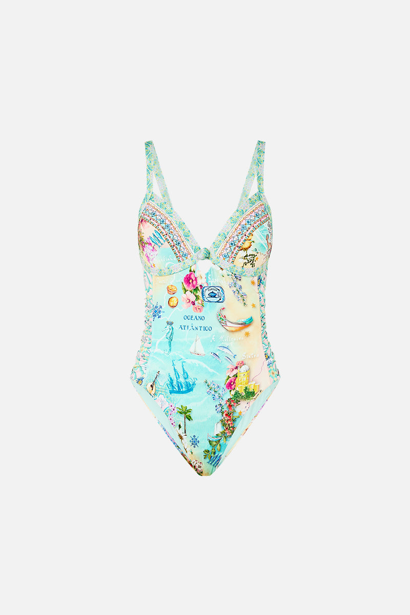 The Just Coasting Ruched Panelled Triangle One Piece With Knot Front ...