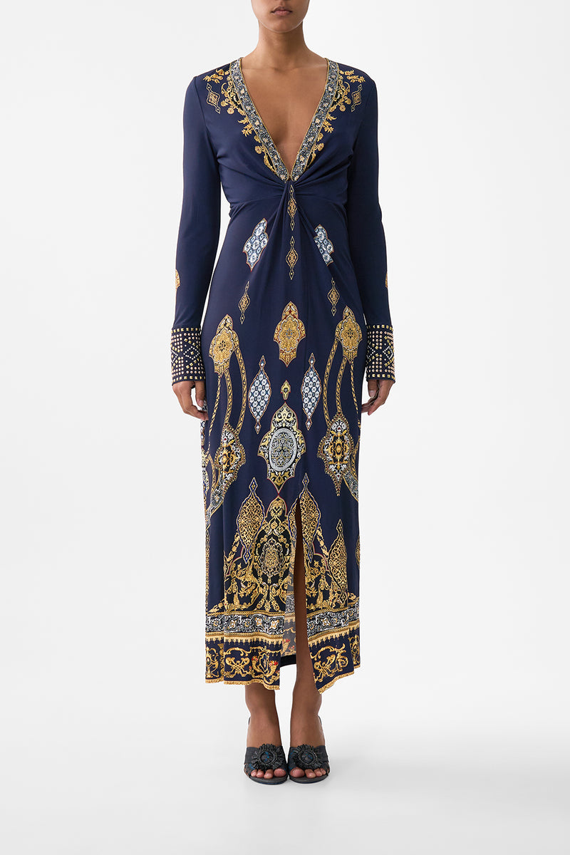 The Imperial Gate Long V Neck Twist Front Jersey Dress | CAMILLA AU ...